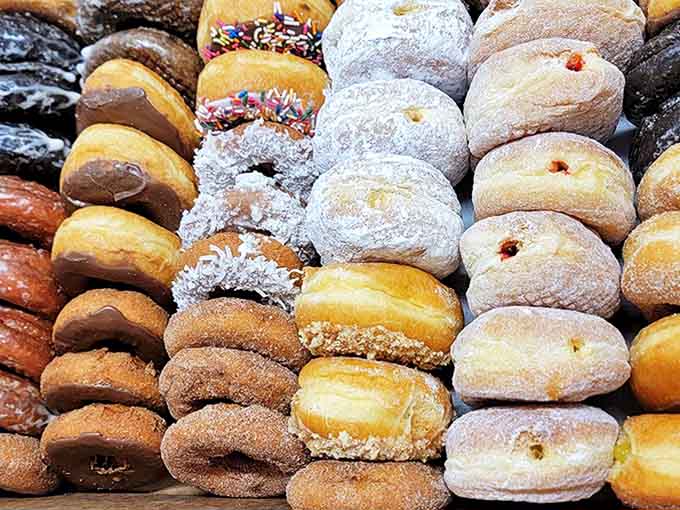 Behold the donut display case in all its glory, where every pastry is a handmade work of art waiting to make your morning magical.