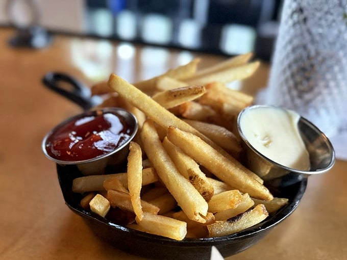 Golden duck fat fries &ndash; crispy outside, fluffy inside &ndash; served with dipping sauces that elevate the humble potato to art form status.