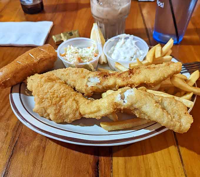 The fish fry at Florio's achieves that golden-brown perfection that makes you understand why people plan their weeks around Friday nights.
