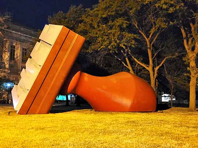 As night falls, the illuminated Free Stamp takes on a more dramatic presence, its bold letters casting long shadows across the darkened park.