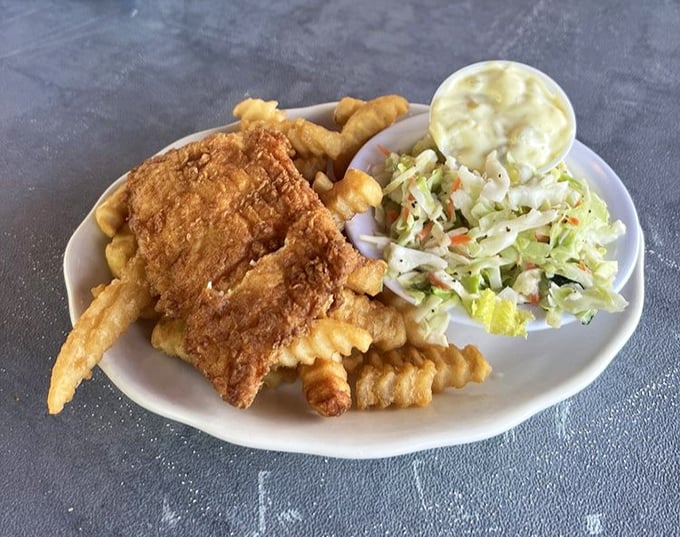 Golden-fried haddock that shatters with each bite, nestled alongside crinkle-cut fries and creamy coleslaw &ndash; simplicity perfected on a plate.