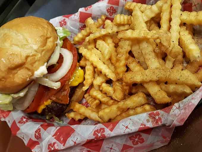 That California burger comes loaded with bacon, because everything's better when it includes bacon, obviously.