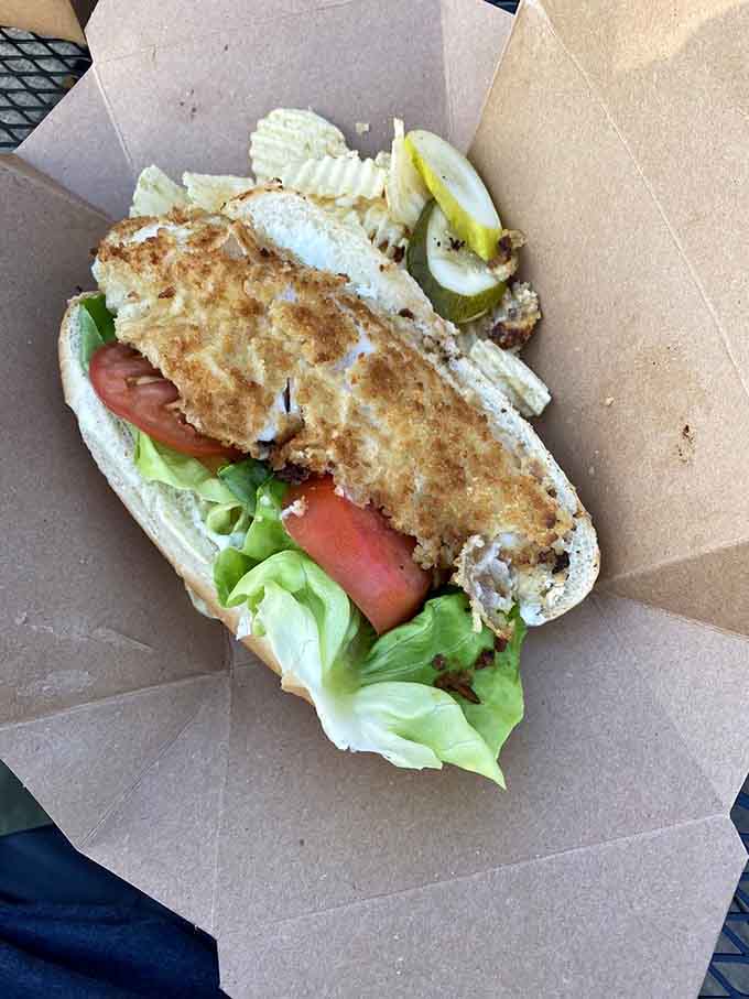 The legendary Walleye Sandwich in all its golden glory—crispy, flaky, and worth every mile of the drive north.