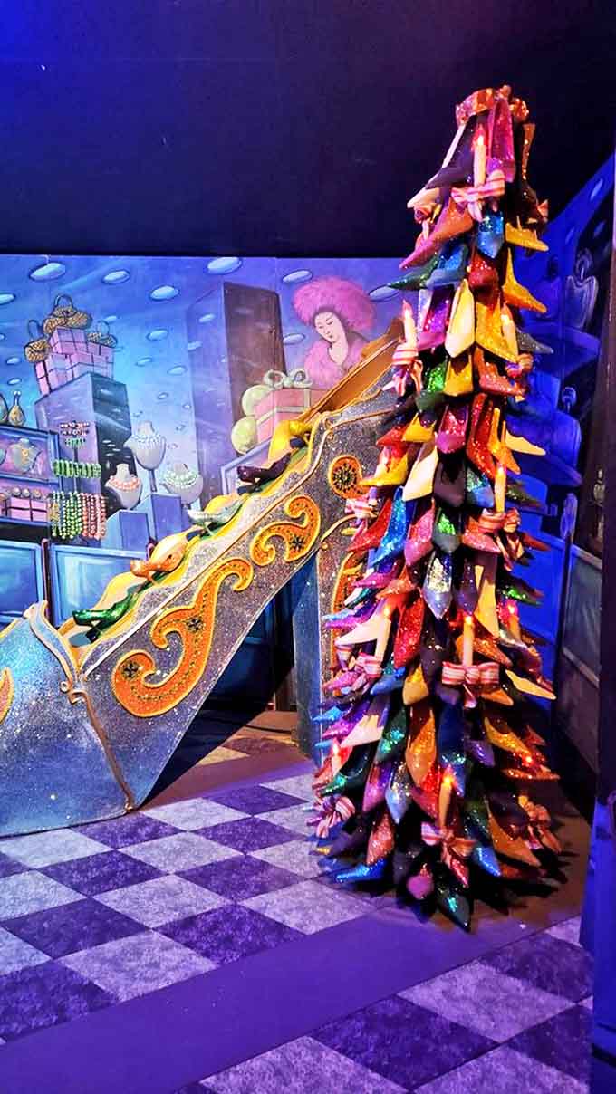 Step into a glittering wonderland where your holiday dreams take shape as towering, colorful high-heel trees and giant sparkling pumps.