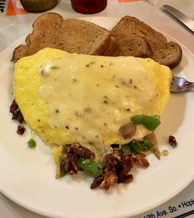 This omelet with toast represents breakfast perfection: fluffy eggs, melted cheese, and golden toast working in harmony.