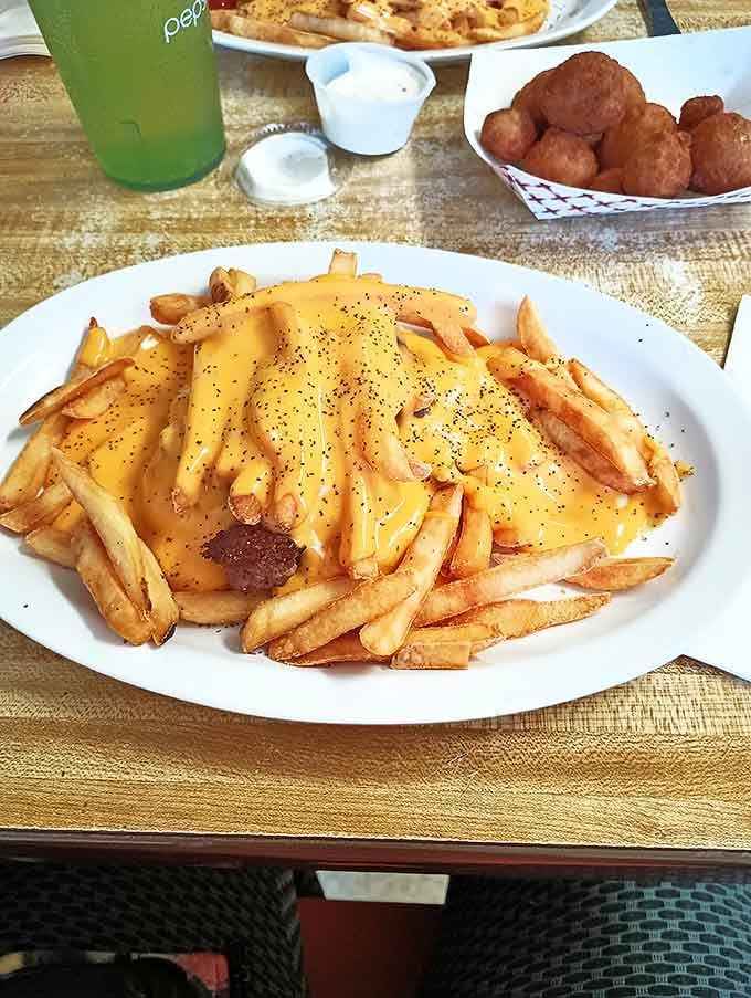 Behold the Horseshoe Sandwich in all its cheese-drenched, fry-topped glory, defying both gravity and portion control expectations.