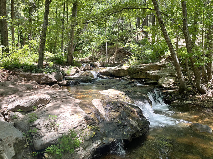The bridge's massive arch stands defiant against erosion's persistent touch, a limestone rainbow frozen in mid-curve above the canyon.