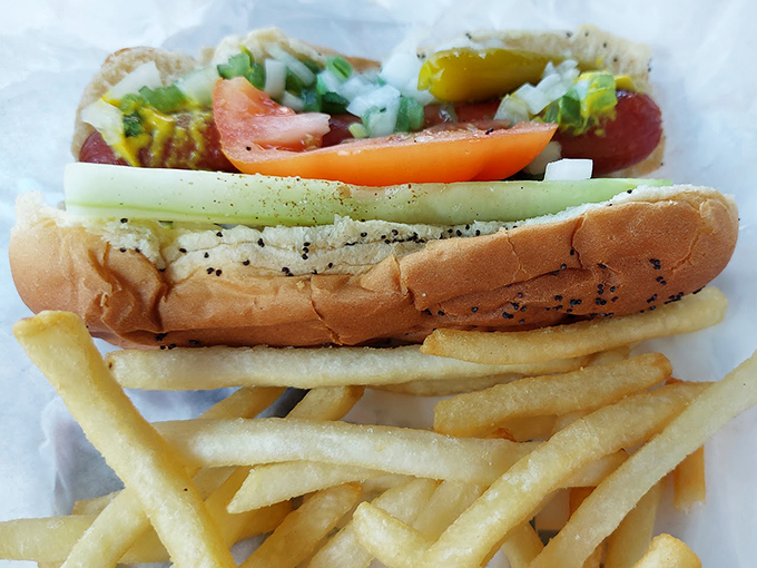 Chicago's finest, dressed to impress. This hot dog's got more layers than a Windy City winter wardrobe!