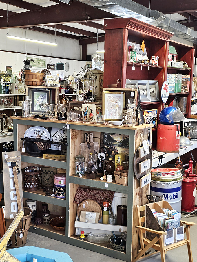 From vintage Mobil signs to antique frames, this corner feels like stepping into your grandparents' perfectly preserved attic.