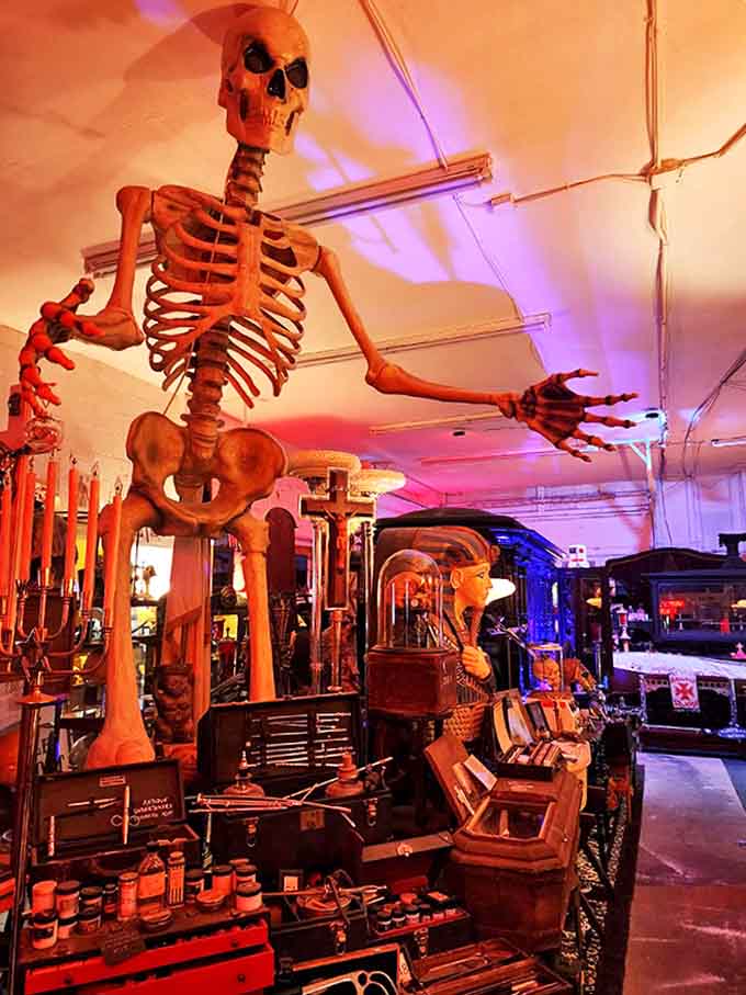 Huge Skeleton: Bathed in dramatic red light, this towering anatomical specimen reaches out as if to say, "Welcome to the party &ndash; we've been expecting you."