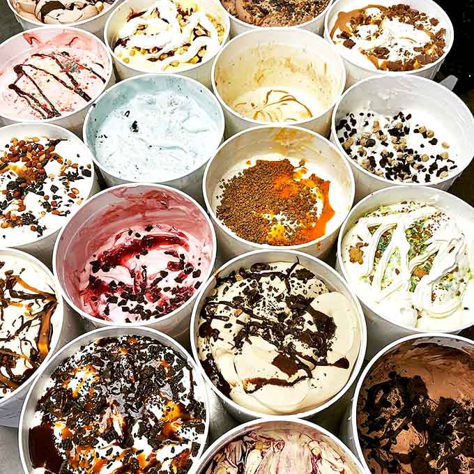A rainbow of freshly made ice cream awaits in these tubs &ndash; each color representing hours of craftsmanship and generations of dairy expertise.