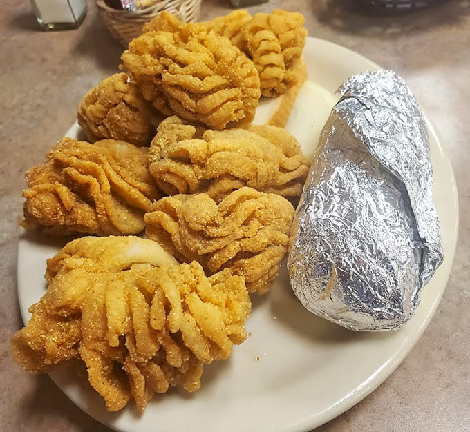 Golden catfish fritters arrive like edible treasure, each piece hand-breaded and fried to crispy, tender perfection that defies description.