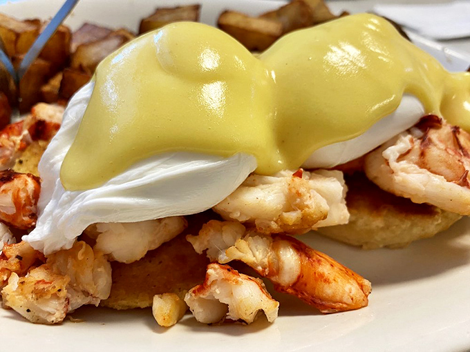 The crown jewel revealed: Lobster Benedict with perfectly poached eggs and silky hollandaise &ndash; worth the drive from anywhere on the Eastern Seaboard.