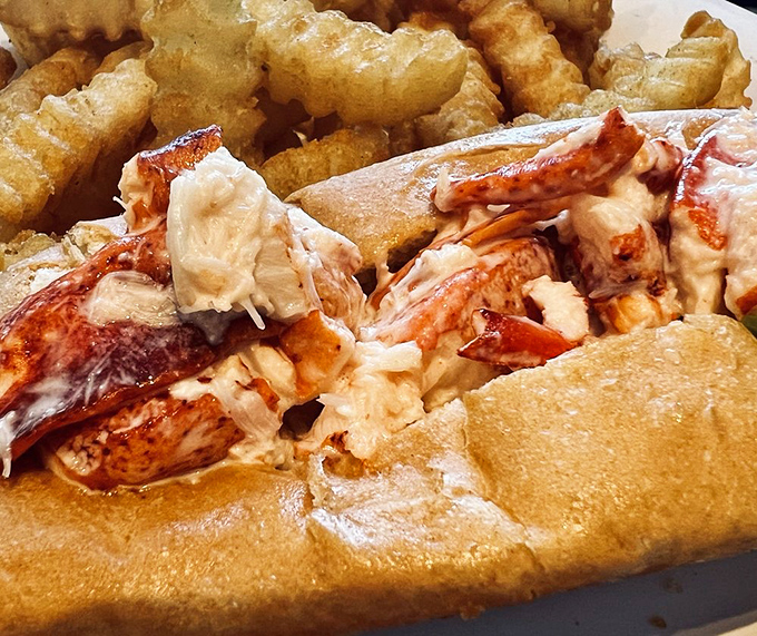 The star of the show &ndash; chunks of sweet Maine lobster nestled in a buttery roll. Simplicity that speaks volumes about quality.