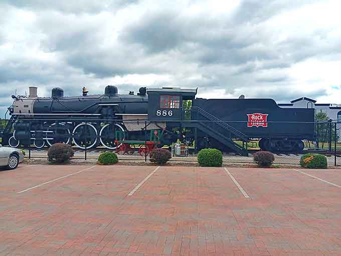 This mighty Rock Island Line locomotive stands sentinel outside the museum, a steel giant that once thundered across the American heartland.