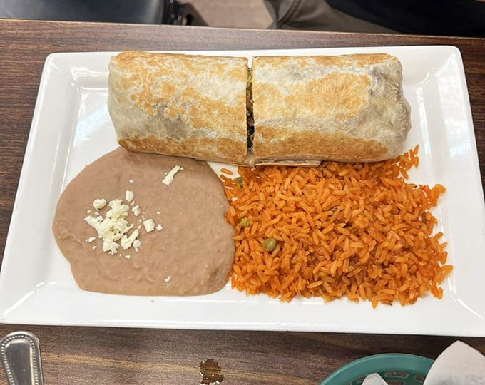 Behold the burrito in its natural habitat: golden, substantial, and accompanied by perfectly seasoned rice that knows its supporting role well.