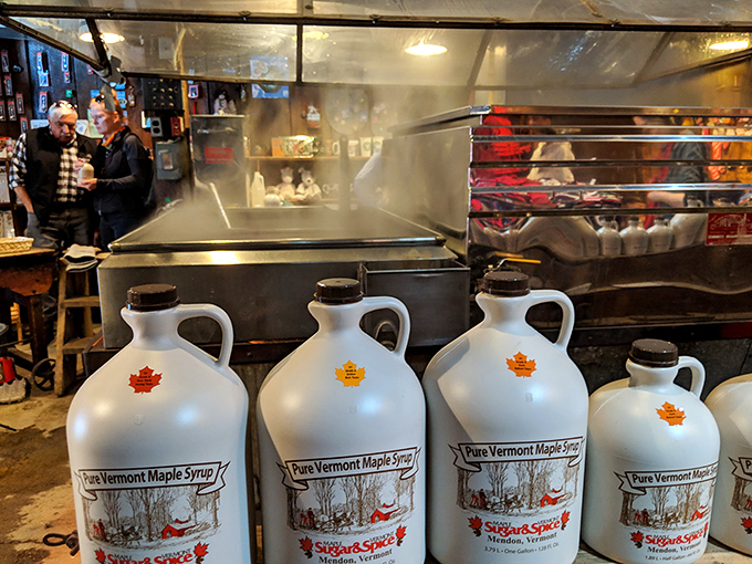 Liquid gold in production! Watch Vermont's maple magic happen as steam rises from the evaporator, transforming clear sap into nature's perfect sweetener.