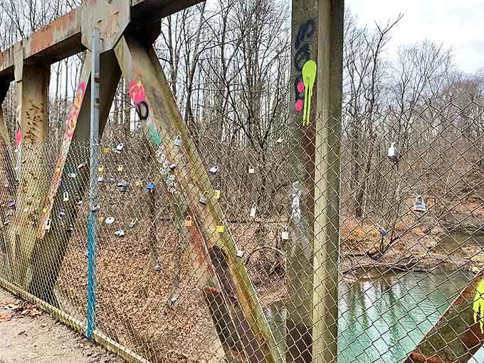 This bridge near Moonville has become a makeshift memorial, where visitors leave tokens of their journey.