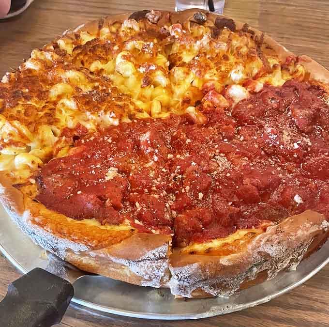 Behold the deep-dish masterpiece, where crust meets cheese in perfect harmony, creating edible architecture worth photographing before devouring.