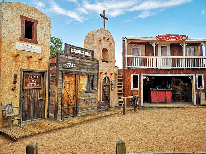 Main Street's wooden facades stand like weathered sentinels, their paint peeling with authentic frontier charm rather than calculated theme park distressing.
