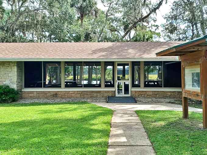 The modern visitor pavilion provides a comfortable spot to rest and reflect after exploring the historic ruins.