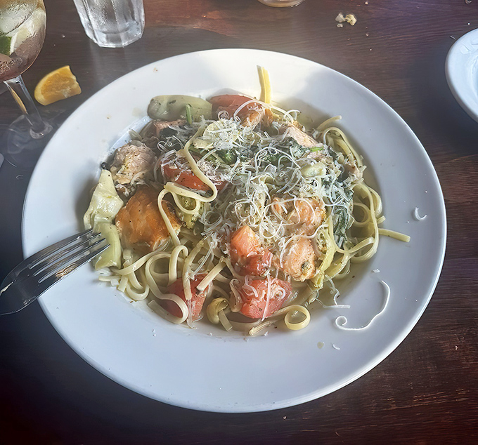 Linguine with seafood that would make Neptune himself swim upstream to Montpelier &ndash; those tender morsels of the sea aren't messing around! 