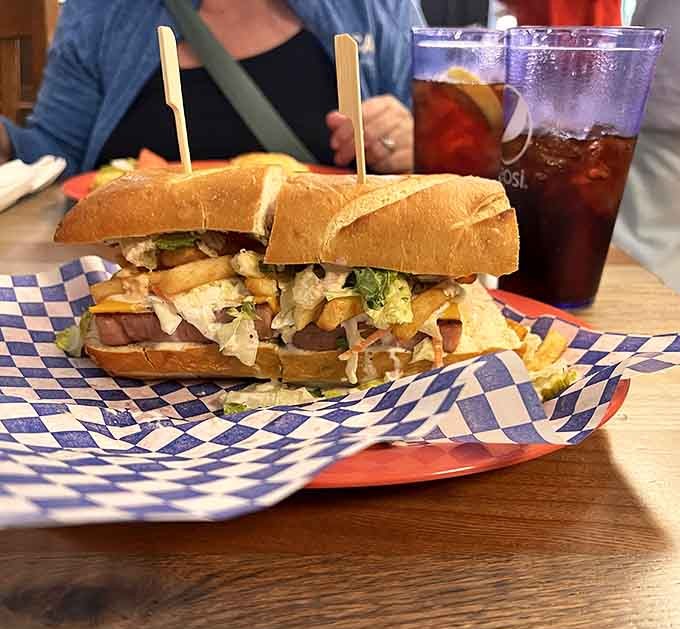 Behold the SPAM Po'Boy in all its glory, proving that canned meat can achieve sandwich greatness with the right supporting cast.