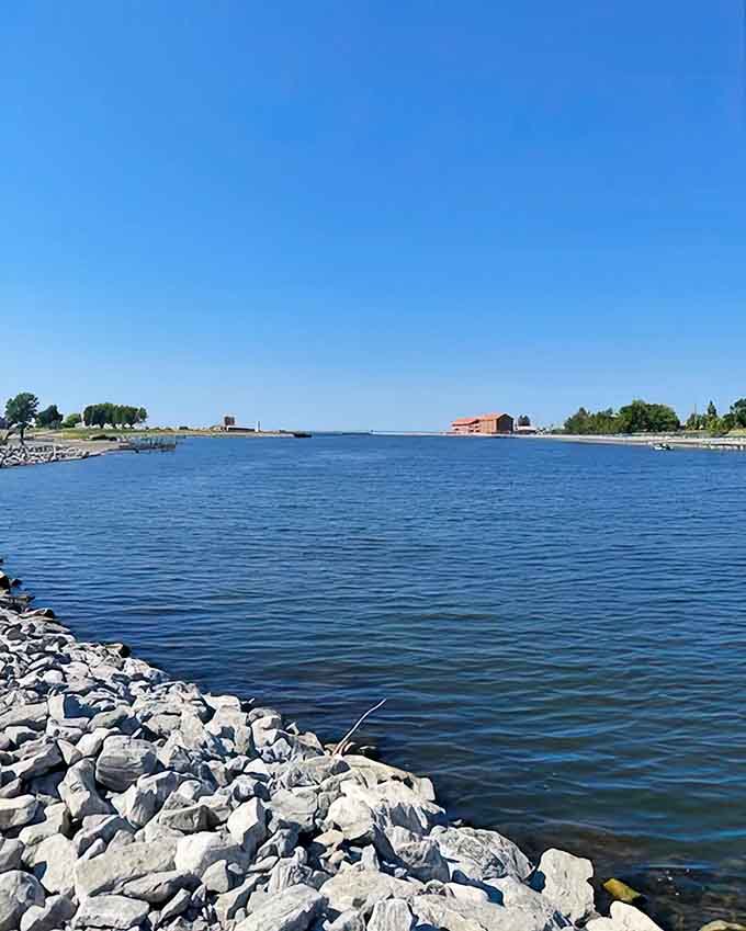 The riverside view captures that magical Michigan moment when water, sky, and shoreline create a trifecta of natural beauty.