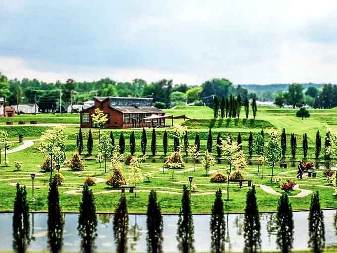 Nature's amphitheater: Curved pathways embrace a central garden, inviting visitors to wander through this living artwork of landscape design.
