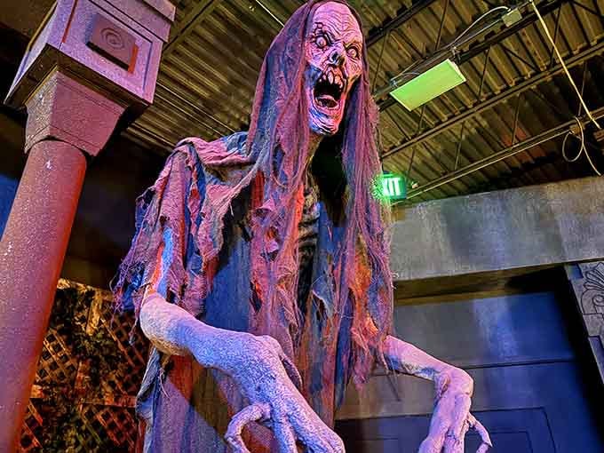 Glowing pumpkins guard the entrance to a skeletal display that combines festive decor with genuine spine-chilling atmosphere.