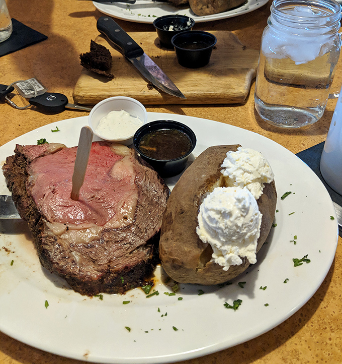 A perfectly smoked prime rib that's worth the drive &ndash; tender, pink, and paired with a loaded baked potato that's a meal itself.