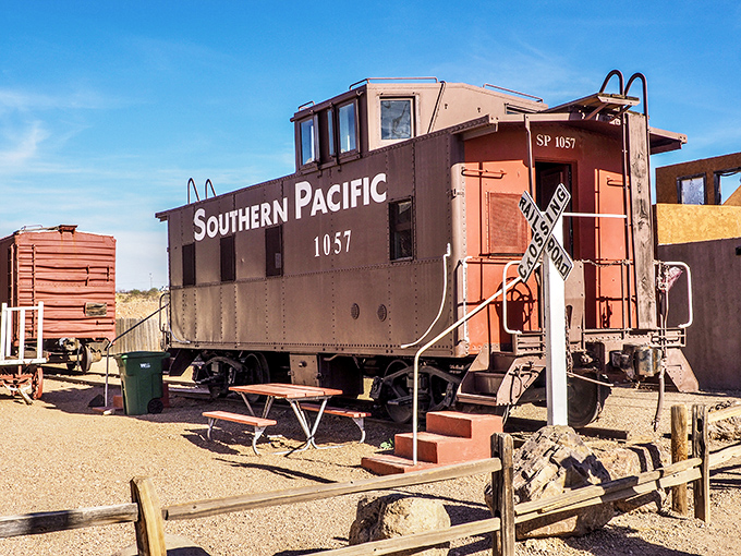 All aboard memory lane! This Southern Pacific caboose stands as a rusted reminder of when trains brought civilization to the wild frontier.