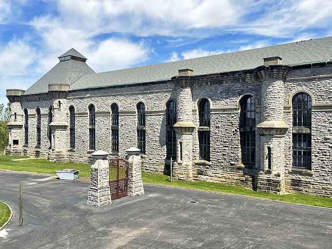Stone Facade: Massive limestone walls that have witnessed a century of Ohio seasons, standing defiant against time and elements.