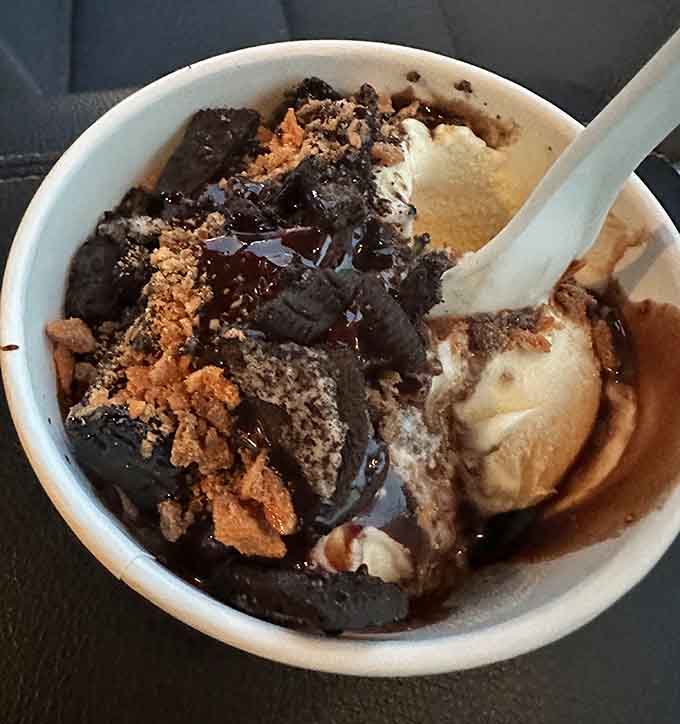 This cookie-loaded sundae looks like someone raided the pantry and made all the right choices, creating a textural masterpiece in a cup.
