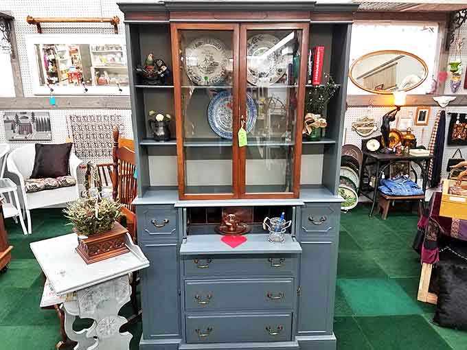 This beautifully refinished china cabinet showcases the craftsmanship of yesteryear – furniture that was built to become heirlooms, not landfill.