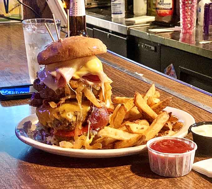 The Thurmanator in all its glory&mdash;two 12-ounce patties stacked with enough toppings to make a cardiologist wince and a foodie weep with joy.