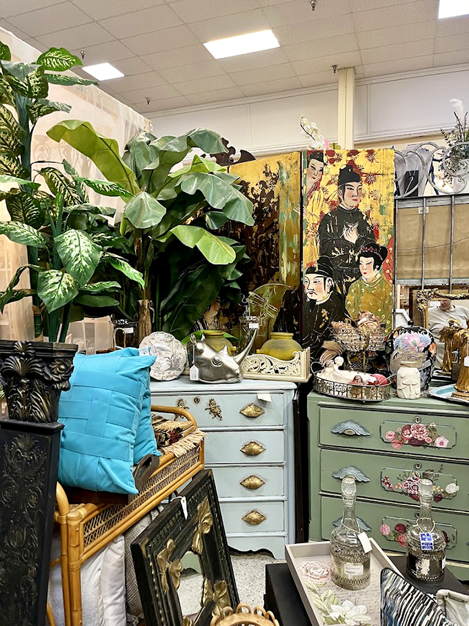 Asian-inspired art meets pastel painted furniture in this eclectic corner, where every piece tells its own story.