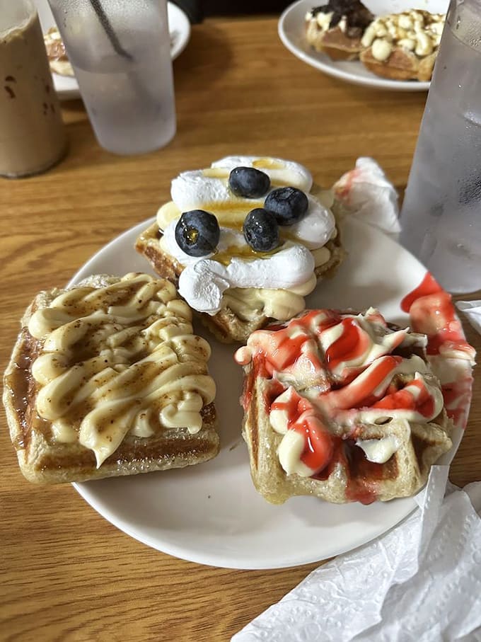 A waffle flight lets you sample multiple flavors without commitment issues, because why choose one when you can have them all?