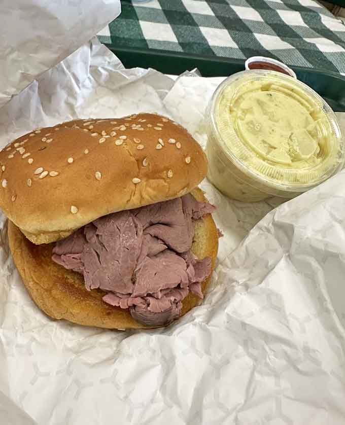 Behold the star of the show: tender roast beef piled so high it defies the laws of sandwich physics.