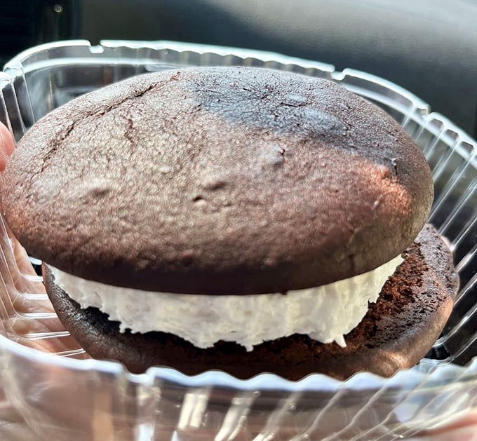 The holy grail of New England desserts: Moody's legendary chocolate whoopie pie, a perfect balance of cake and cream.