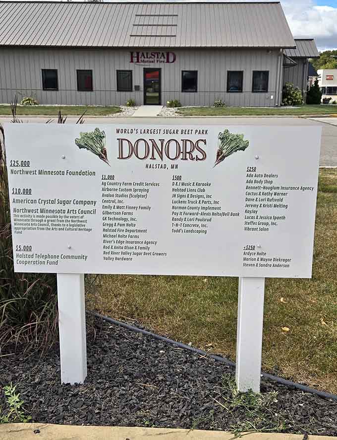 The donor plaque tells the heartwarming story of a community that rallied together, contributing over $65,000 to create this monument celebrating their agricultural identity and shared pride.