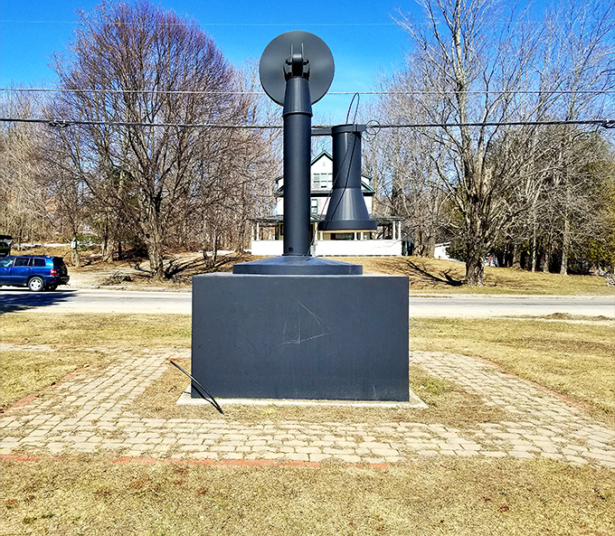 The back view reveals the monument's solid construction and careful detailing &ndash; no corners cut on this oversized tribute to communication history.