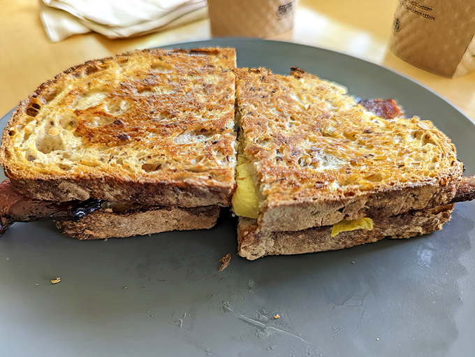 This hearty breakfast sandwich showcases Red Hen&rsquo;s perfectly toasted bread wrapped around melty, satisfying morning goodness.