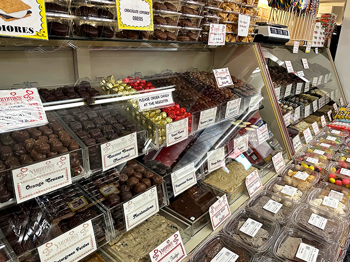 The chocolate display case &ndash; where willpower goes to die and happiness begins. Orange creams and chocolate-covered everything await.