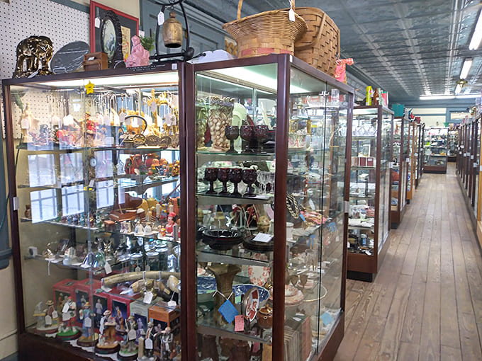 Row upon row of glass display cases stretch into the distance, each one a miniature museum showcasing carefully curated collections from decades past.