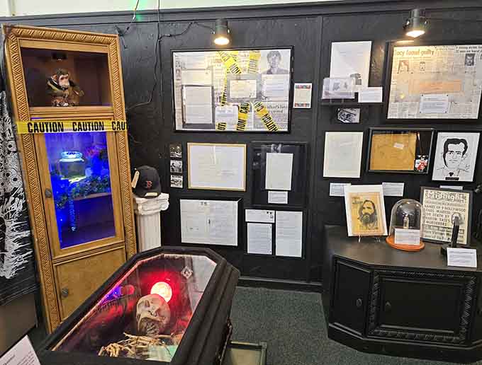 Evidence boards and artifacts that blur the line between Hollywood horror and actual historical nightmares, fascinating stuff.