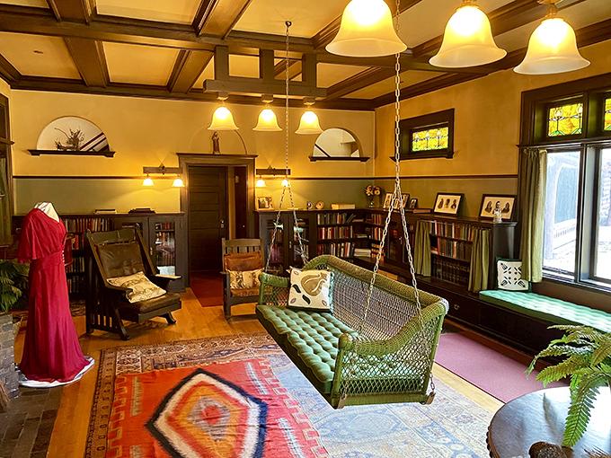 The interior showcases Arts and Crafts perfection with that hanging swing sofa &ndash; the 1904 version of Netflix and chill, minus the Netflix.