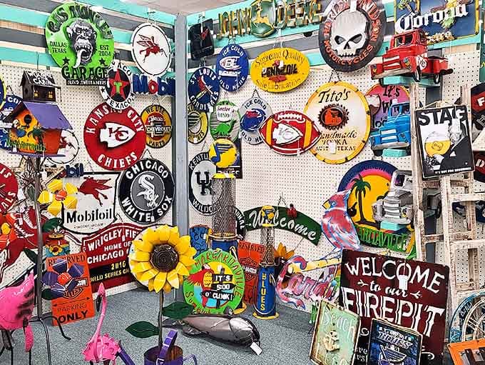 A wall of Americana that would make any garage, basement, or man cave instantly cooler, these metal signs are nostalgia you can hang.