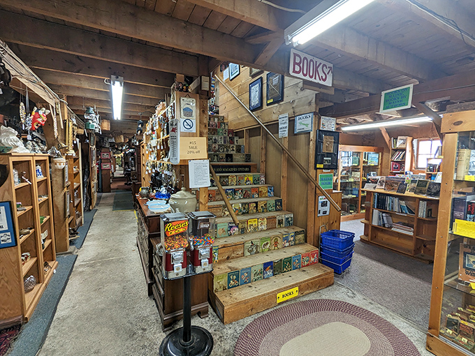 A staircase lined with children's books creates a whimsical pathway between floors, inviting visitors to climb into literary adventures of yesteryear.