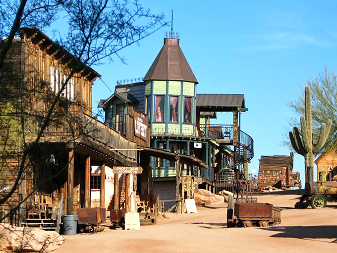 Wooden storefronts line the dusty main street, each building telling its own story of frontier entrepreneurship.